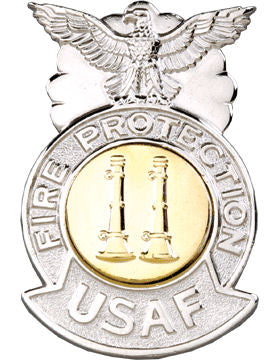 USAF Captain Fire Badge - Metal CHROME/GOLD Two Bugle Parallel